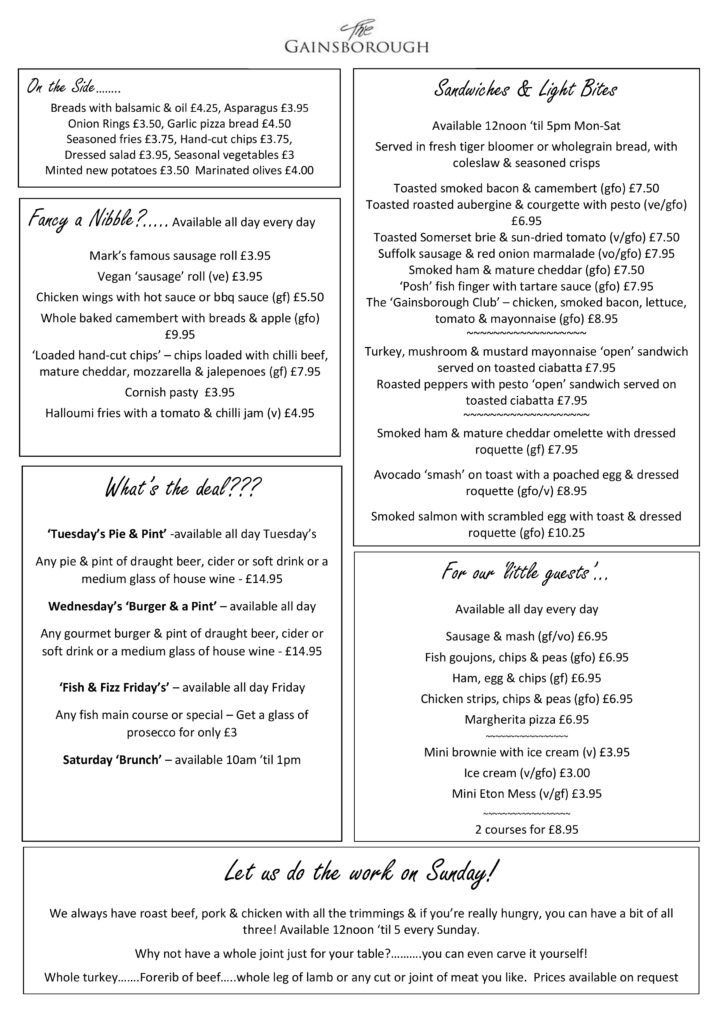 Menus - The Gainsborough Sudbury