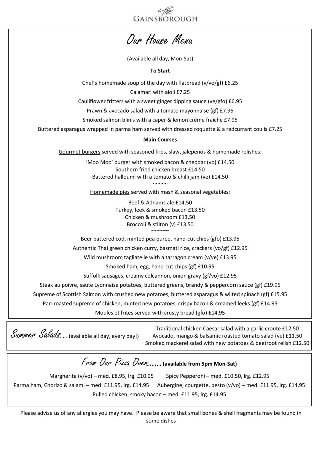 Menus - The Gainsborough Sudbury