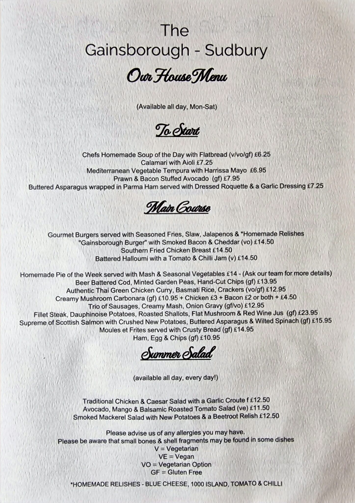 Menus - The Gainsborough Sudbury