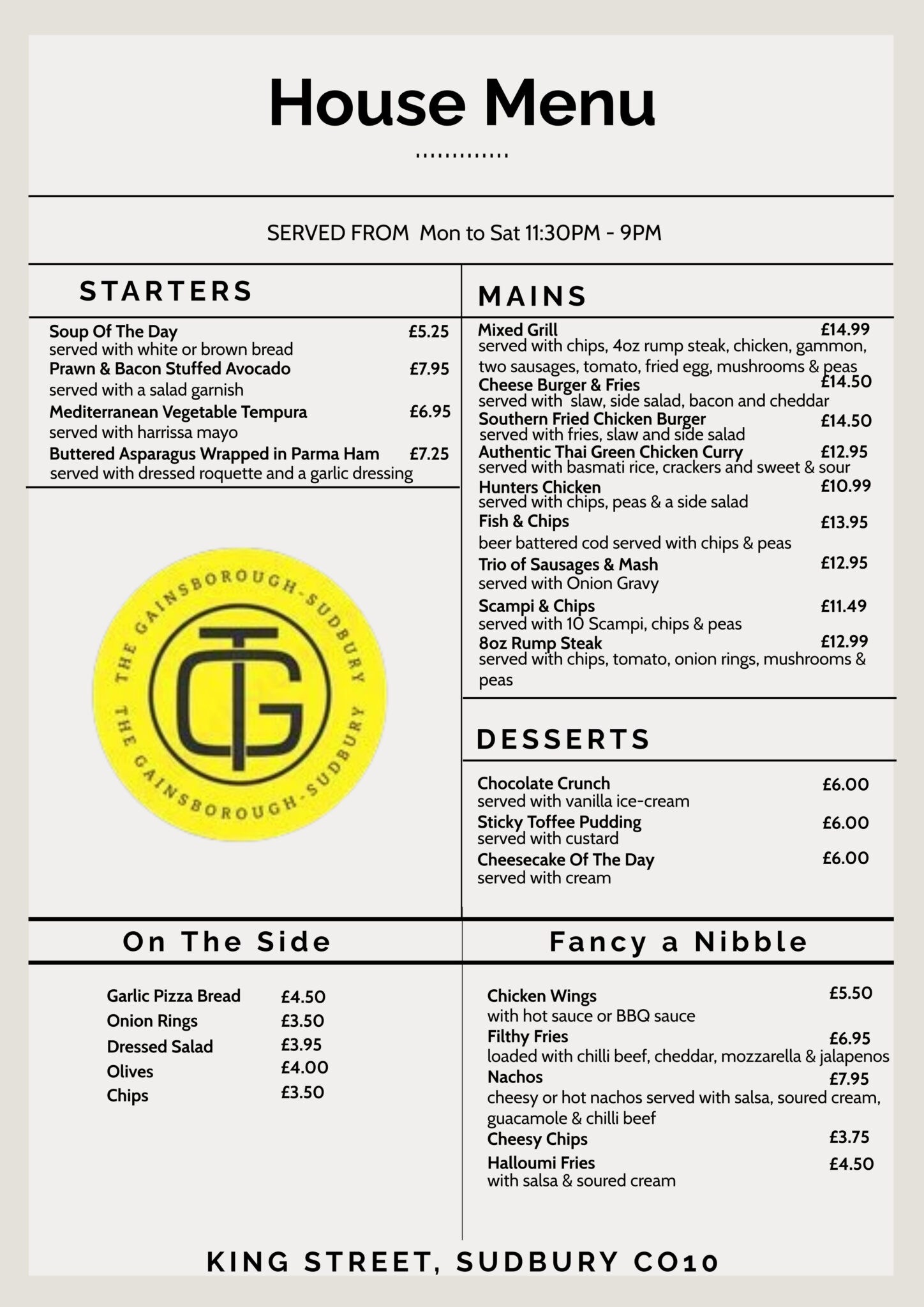 Menus - The Gainsborough Sudbury