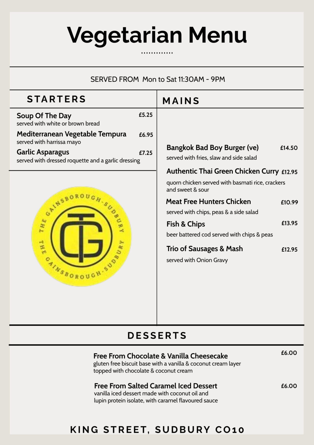 Menus - The Gainsborough Sudbury